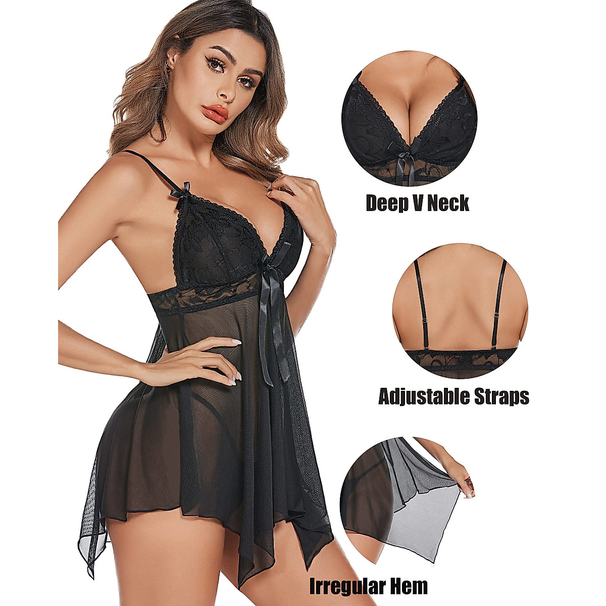 Avidlove Women's Sexy Lace Lingerie Babydoll V Neck Nightwear Sleepwear Strap Chemises Black Small