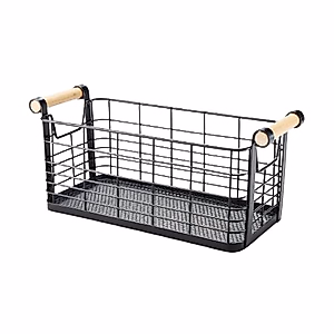 Black Little Rectangular Wire Basket with Natural Wood Handles