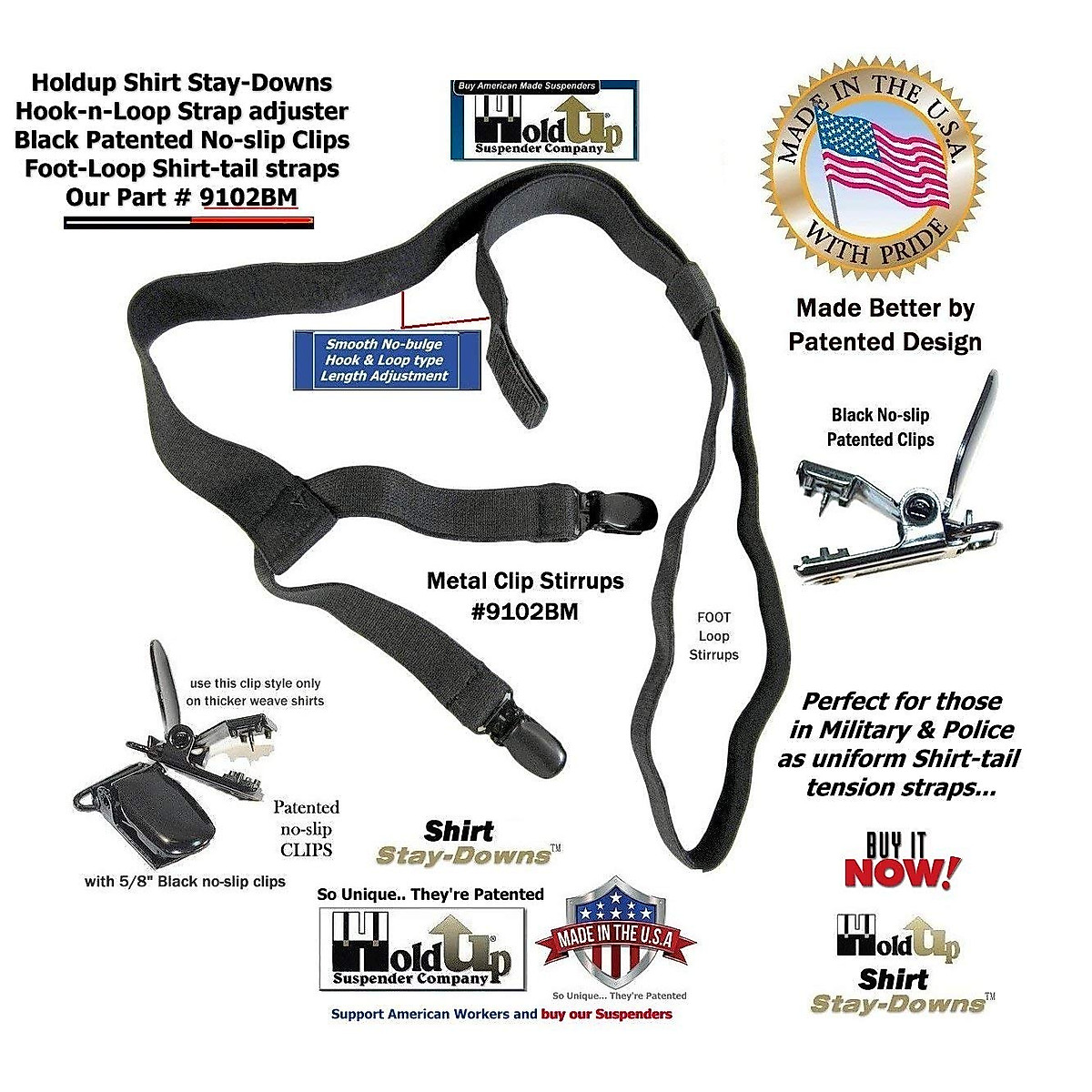 Hold-Ups Stay-downs Dress Shirt Stays Y-Style Metal with USA Patented No-slip Clips