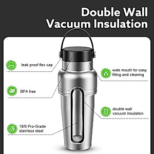 2 IN 1 Wide Mouth Water Bottle 32 oz With Detachable 20 oz Tumbler, Comes with Flex Cap and Slider Lid, Stainless Steel,Double-Wall Vacuum Insulation for Water, Iced Tea or Coffee