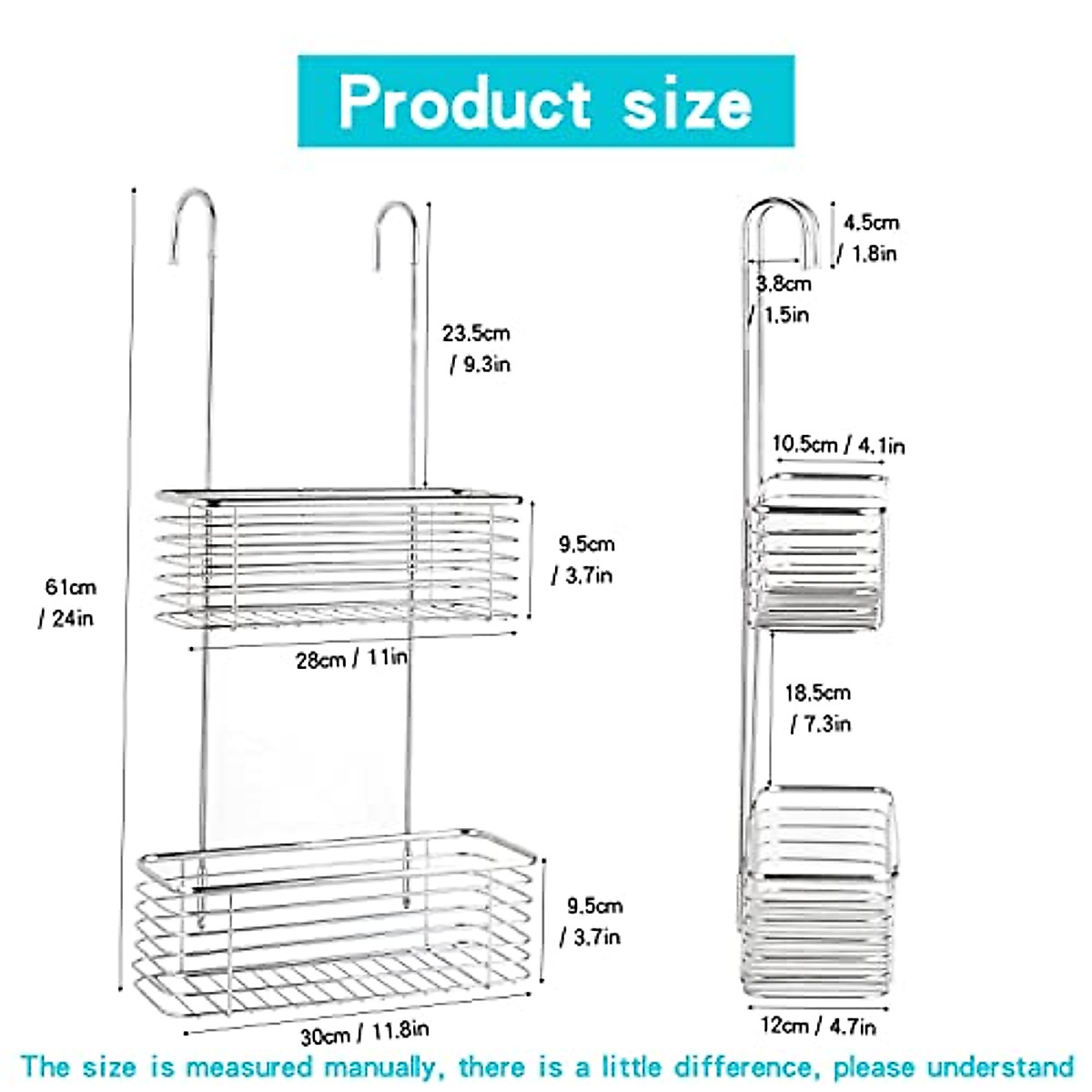 YQh Stainless steel double-layer shower rack, shower room hanging bathroom organizer, storage rack installed on the hanging bar or door, can store shampoo, hair conditioner, shower gel