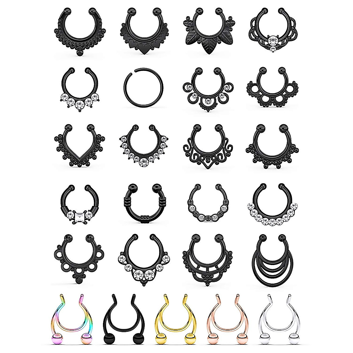 Prjndjw Fake Septum Nose Hoop Rings Stainless Steel Faux Lip Ear Nose Septum Ring Non Piercing Clip On Nose Hoop Rings Body Piercing Jewelry 25PCS Women Man Black