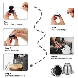 Didaey Reusable Espresso Capsules Stainless Steel Refillable Coffee Pods Reusable Espresso Pods with Aluminum Foil Seals Stickers Lids Compatible with Nespresso Machines (6 Cups, 204 Lids)