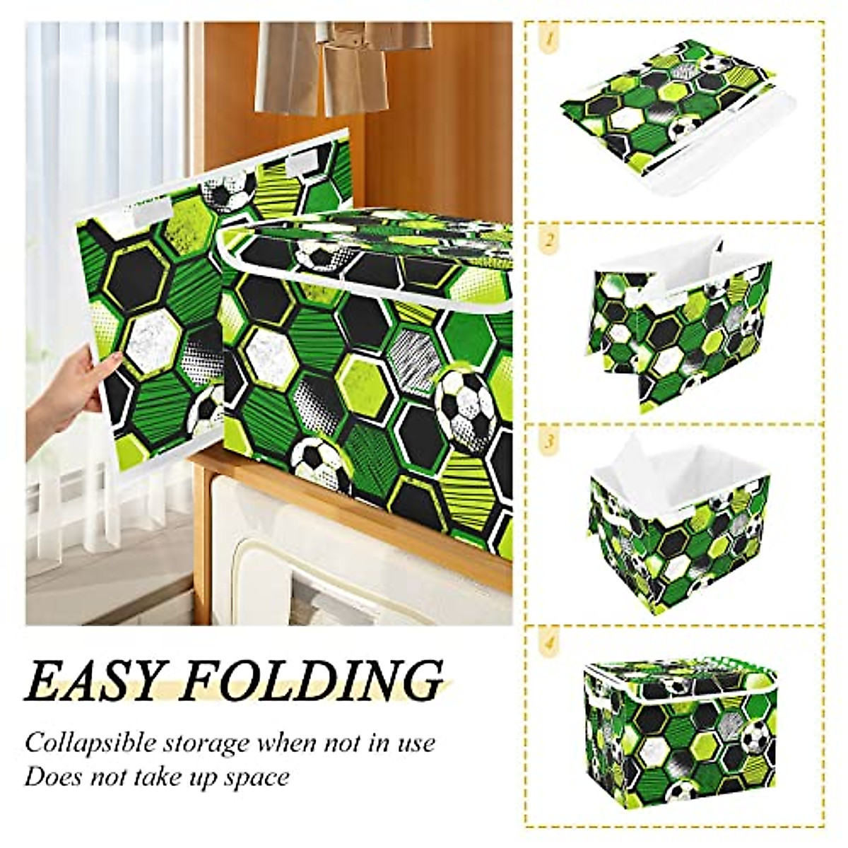 RunningBear Football Soccer Large Storage Bins with Lid Collapsible Storage Bin Shelf Baskets Larger Storage Cubes for Living Room Bedroom