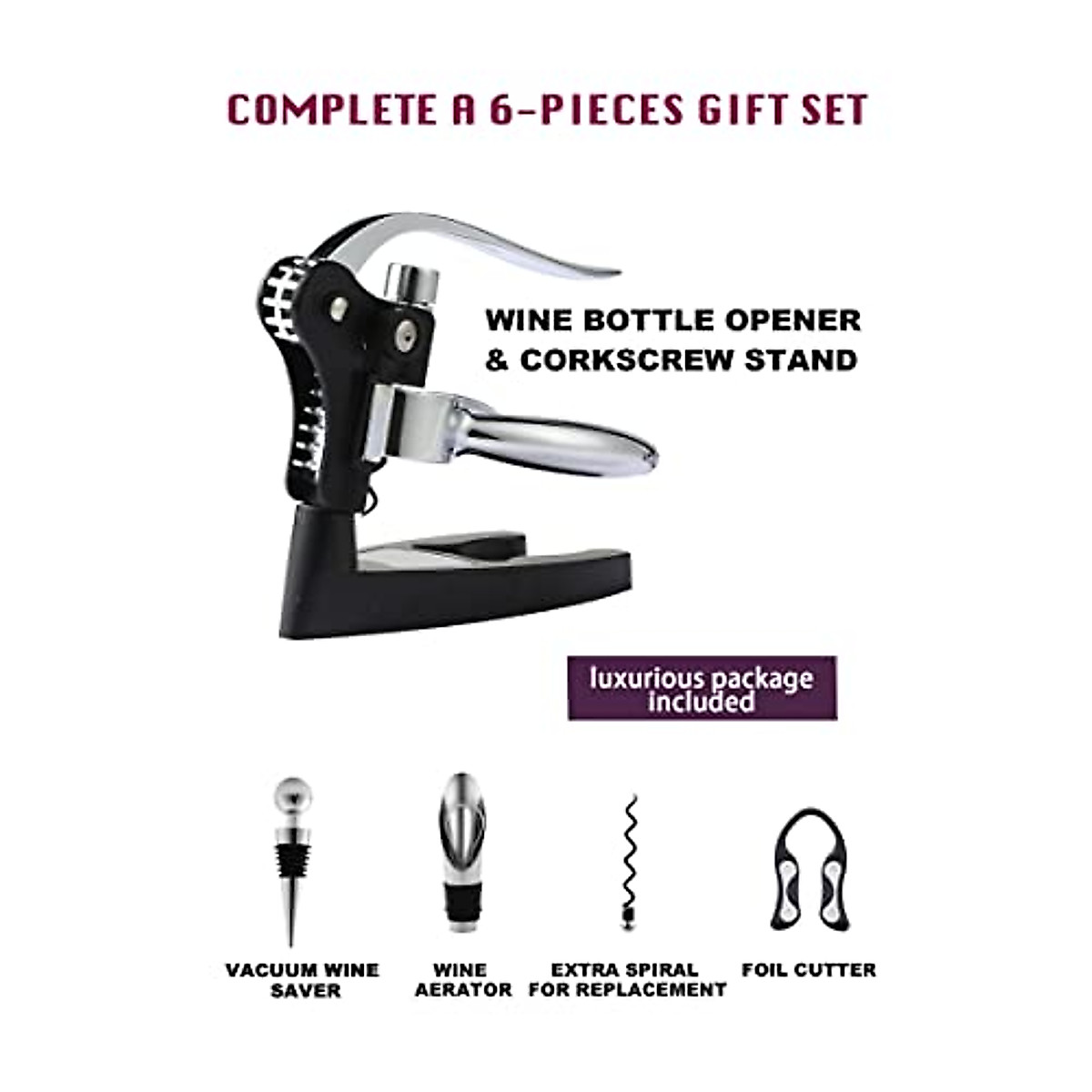 Wine Opener, KITESSENSU Easy Lever Wine Corkscrew with No-Stick Worm, 6-Piece Wine Bottle Opener Set with Foil Cutter, Bottle Stopper, Pourer, Extra Cork Screw and Base, Silver