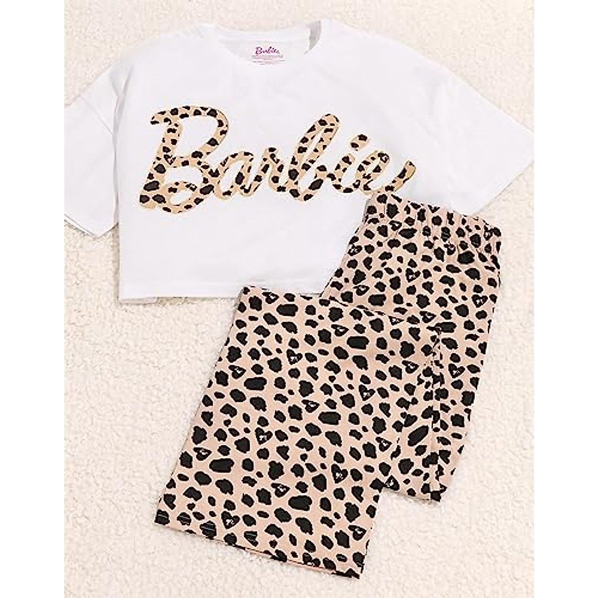 Barbie Pyjamas Womens Animal Print Logo Cropped T-Shirt Bottoms Pjs White