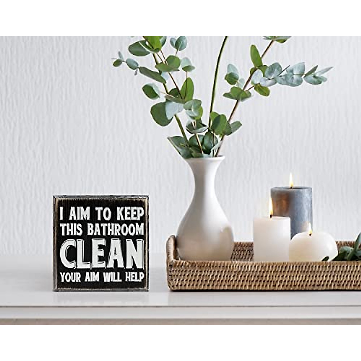 Pigort I Aim to Keep This Bathroom Clean Home Décor Sign Funny Bathroom Farmhouse Accessories Rustic Wood Bathroom Decorations Shelf Toilet Decor Wooden Box Signs for Home 4" x 4" x 1.75"