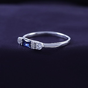 AFFY Baguette Simulated Sapphire Blue & White Cubic Zirconia 14K White Gold Over Sterling Silver Three Stone Design Bridal Engagement Wedding Ring Jewelry for Women Size -8