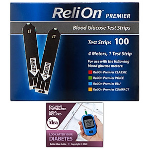 Reli On Premier Blood Glucose Testing Strips | Glucose Test Strips | Test Strips for Diabetes | Blood Sugar Strips | Diabetic Test Strips | Relion Premier Test Strips 100 Count 1 Pack + B. Idea Guide