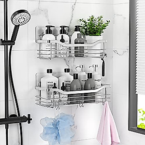 Orimade Shower Caddy Basket Shelf Storage Rack Pack of 2, No Drilling Wall Mounted Adhesive Rust Proof Stainless Steel Shower Organizer with 5 Hooks for Bathroom, Toilet, Kitchen