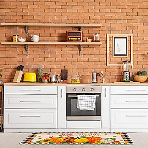 Svepndic Set of 2 Fall Decorative Kitchen and Mats,Hello Fall Pumpkin Maple Leaves Kitchen Rugs,Buffalo Plaid Autumn Non-Slip Doormats for Outdoor Indoor Thanksgiving Kitchen Decor