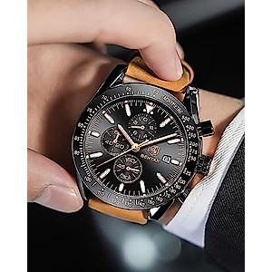BY BENYAR Mens Watches Analog Quartz Chronograph Waterproof Luminous Watch for Men Business Work Sport Casual Fashion Brown Leather Band Dress Men's Wrist Watches Elegant Gifts for Men Father's Day