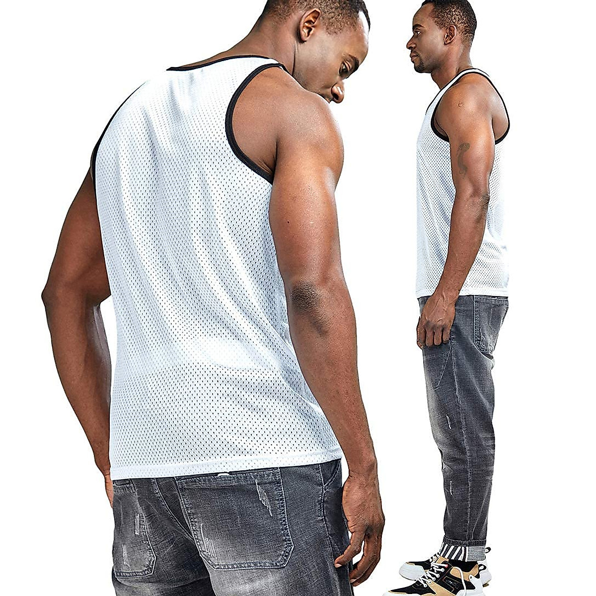 AIMPACT Men Athletic Workout Tank Top Mesh Quick Dry Jersey Casual Sleeveless Shirts(White L)