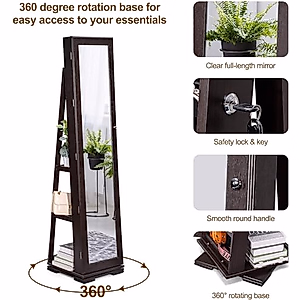 Titan Mall 360° Rotating Jewelry Cabinet Standing Jewelry Armoire with Full Length Mirror,Revolving Makeup Jewelry Holder Organizer Full Body Mirror,Large Stand Up Jewelry Box,Women Girl Gift,Brown