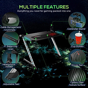 EUREKA ERGONOMIC Z1S PRO Gaming Computer Desk RGB LED Lights 44.5 inch Z Shaped Home Office PC Gaming Desks Table with Cup Holder Headset Hook & Mouse Pad, Sliver