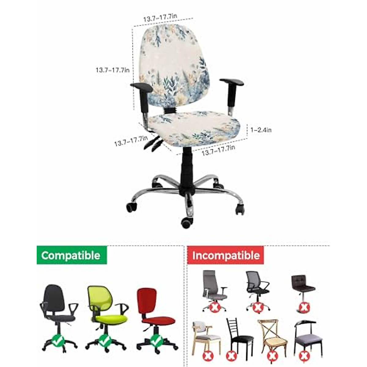 Christmas Office Chair Cover 2 Piece, Stretch Elastic Computer Desk Rotating Chair Seat Back Covers, Xmas Eucalyptus Stretchable Chair Slipcover Protectors Cover Winter Snowflake Farmhouse Flower