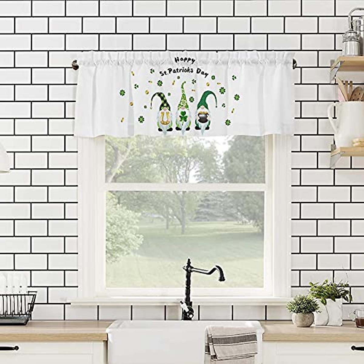 Bilagawa Valance Curtains Happy St Patricks Day Clover Dwarf Gold White Linen Texture Kitchen Valance Rod Pocket Window Treatments for Kitchen Bathroom Bedroom 42x12 Inch