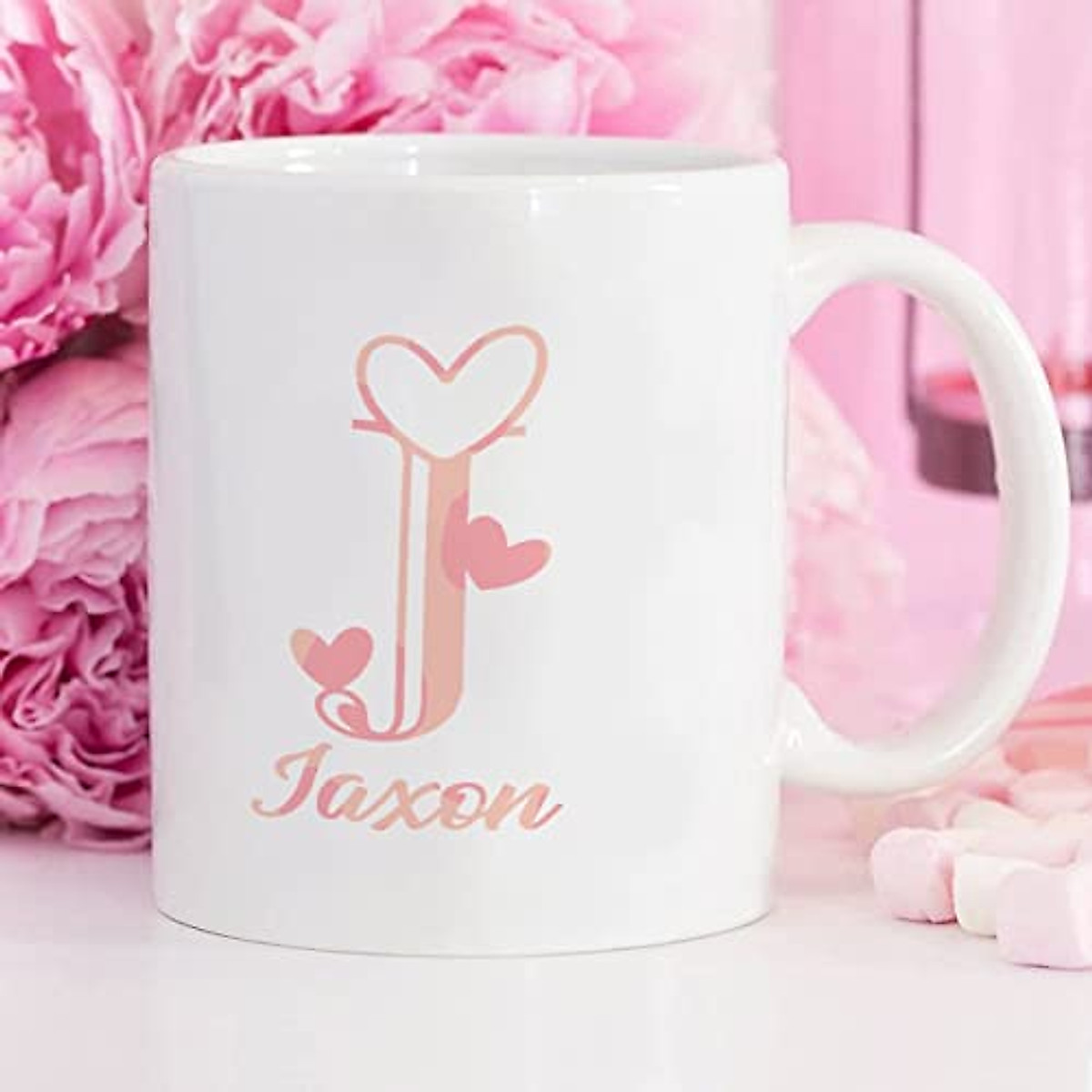 BESTORLOVE Valentine's Day Love Monogram Letter J Tea Mug Pink Dots Love Heart Mug 11oz Love Heart Initials Letter Porcelain Coffee Cup Happy Valentine's Day Cup Wedding Engagement Gift for Couple
