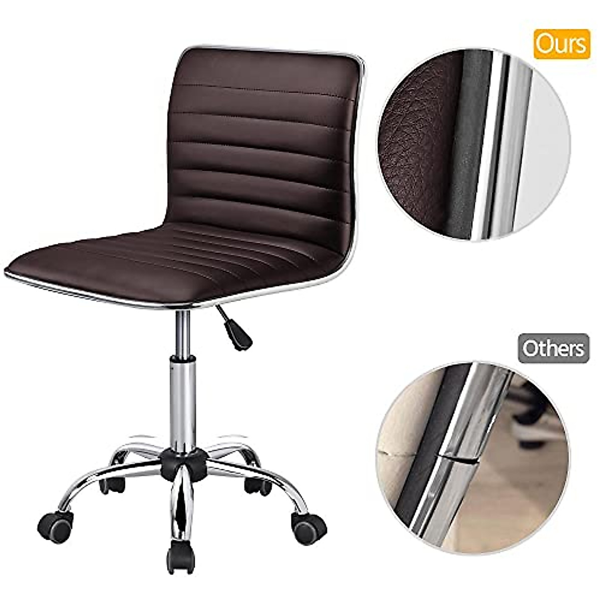 Topeakmart Armless Office Chair Task Chair Leather Ribbered Modern Desk Chair Adjustable Low-Back Swivel Chair w/Rolling Wheels Accent Comfy Working Chair Makeup Chair, Brown