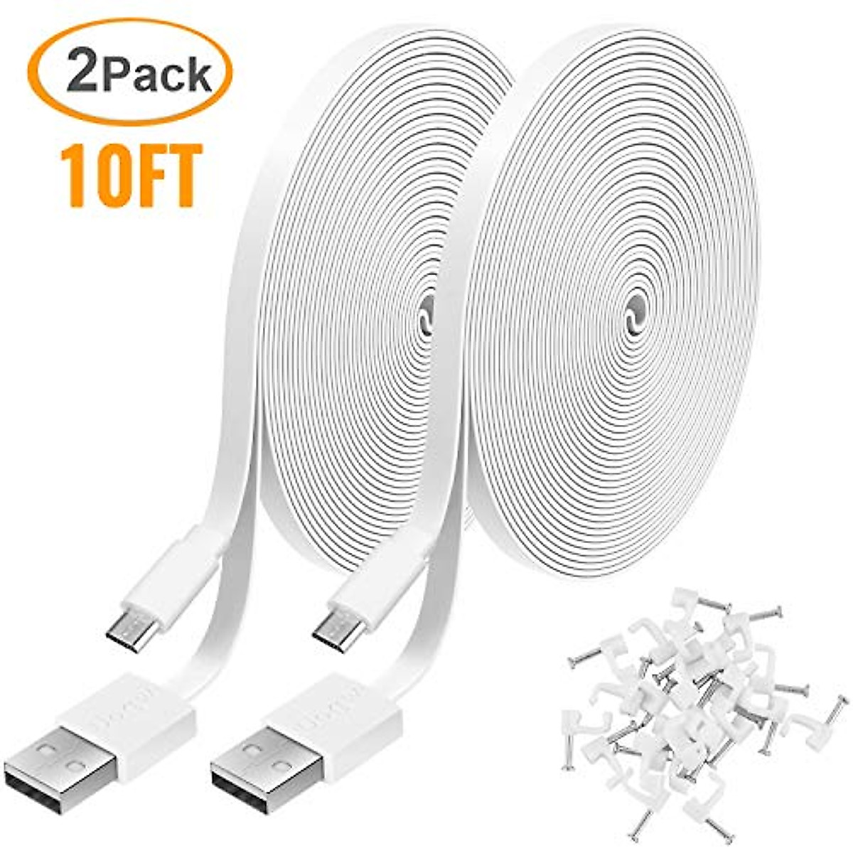 2 Pack 10FT Power Extension Cable for WyzeCam, WyzeCam Pan, KasaCam Indoor, NestCam Indoor, Blink,Cloud Cam, USB to Micro USB Durable Charging and Data Sync Cord(White)