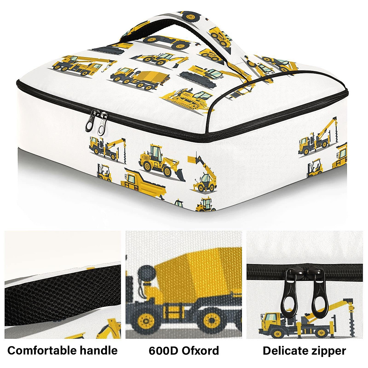 Yellow Construction Excavators, Tractors, Bulldozers, Trucks Reusable Insulated Pizza Bag, Waterproof Food Delivery Bag, with Handle Lid Leakproof Pizza Holder Tote for Hot or Cold Food