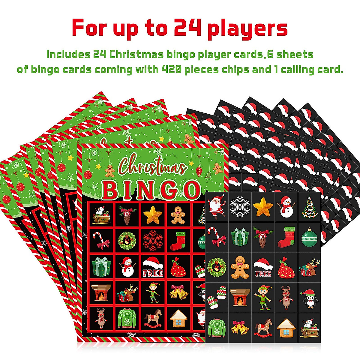 Skylety Christmas Bingo Game Cards for Adults 24 Players Holiday Christmas Games Sets for Large Groups Family Party School Classroom Xmas Activities