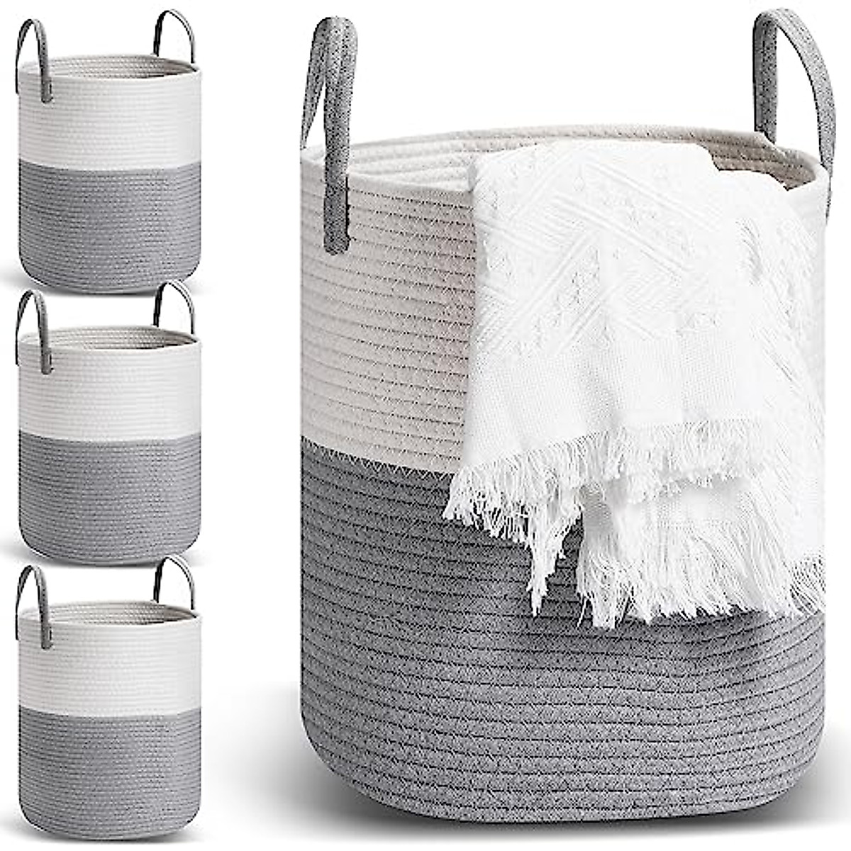 Tanlade 4 Pack Tall Baby Laundry Basket Woven Cotton Rope Laundry Hamper Basket Boho Toy Storage Basket Nursery Clothes Hamper Basket Dirty Clothes Basket with Handles for Bathroom Living Room (Grey)