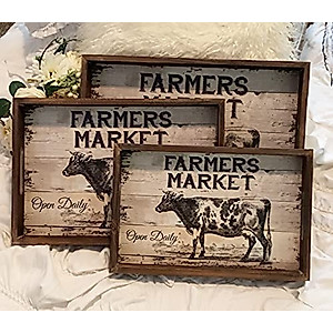 DeliDecor Large Decorative Serving Trays with Handle, Set of 3 Nesting Rustic Wooden Organizer Distressed Farmers Market Farmhouse Decor with Cow Pattern, Coffee Food Platters, Open Daily 17"x12.5"