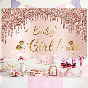 Baby Shower Decorations Baby Girl Banner, Pink Rose Gold Baby Girl Shower Backdrop Party Supplies, Pink Sweet Baby Shower Poster Background Photo Booth Props Decor