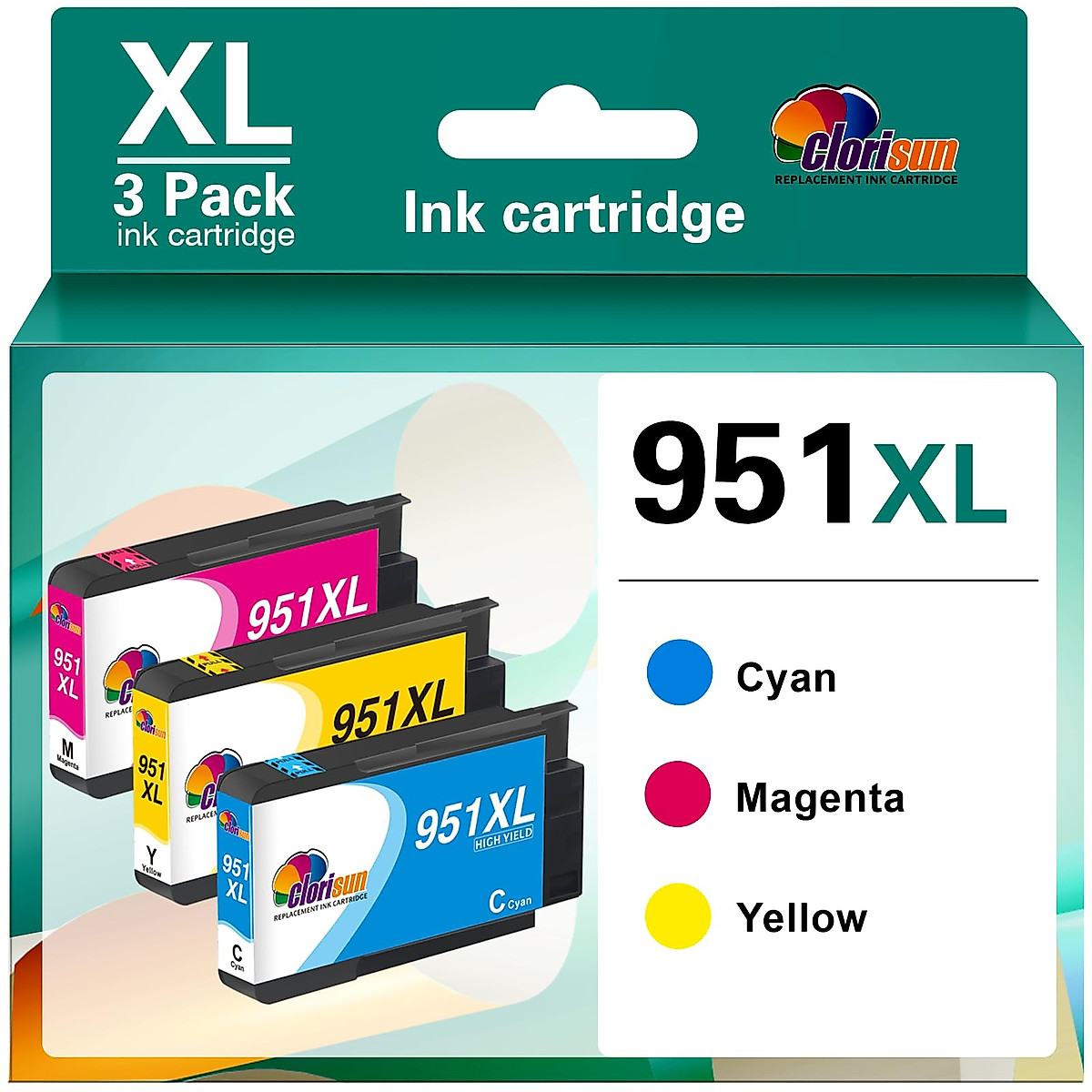 Clorisun 951 951XL Compatible Ink Cartridge for HP 951 951XL 951 XL for HP OfficeJet pro 8600 8610 8620 8100 8625 8630 8615 8660 8640 276DW 251DW 271DW Printer(1 Magenta 1 Cyan 1 Yellow, 3 Pack)