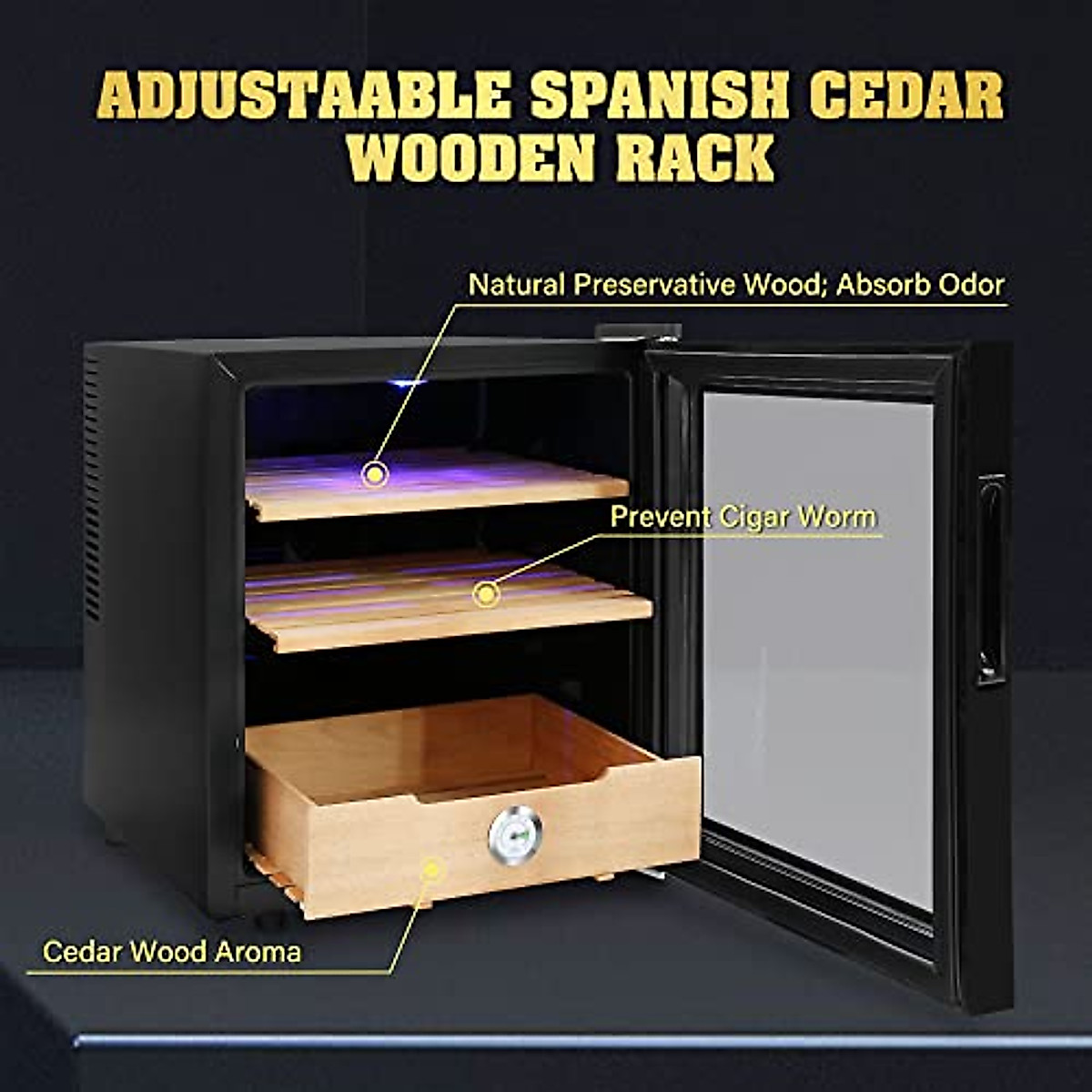 TCFUNDY 50L Cooler Humidor, Electronic Cooler Humidor 3-Layer Spanish Cedar Wood Shelves & Drawer with Hygrometer, 300 Capacity, 1.76 Cu Ft