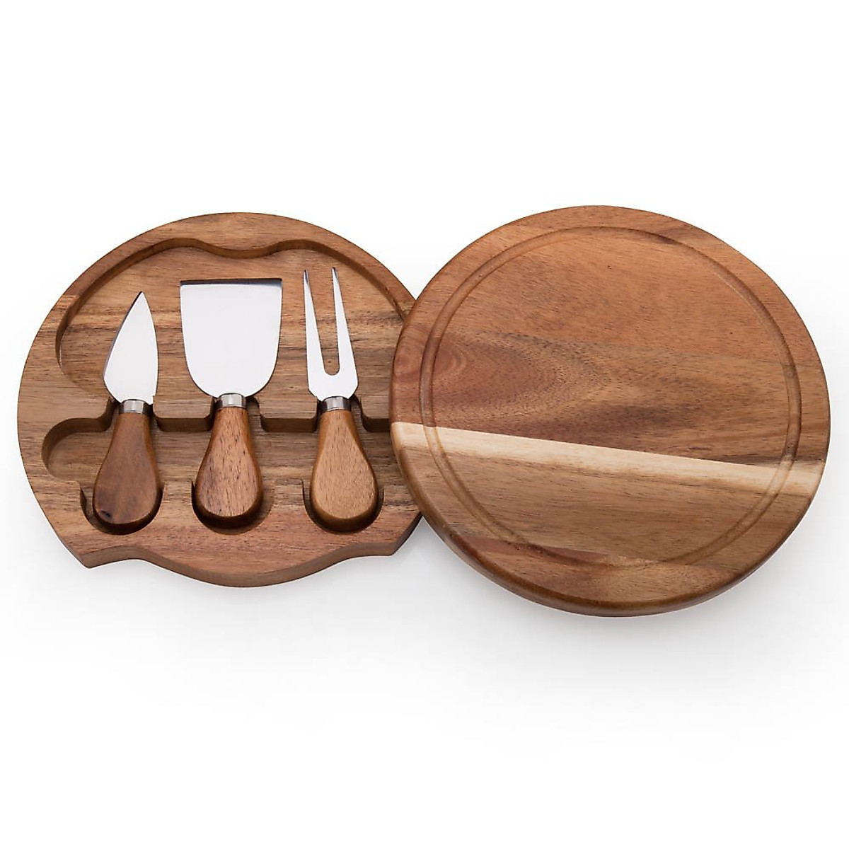 Tungyi Round Slide-Out Acacia Wood Cheese Serving Board and 3 Piece Cheese Tool Set, 7.5 inch Diameter, Ideal for Outdoor Picnic Housewarming Kitchen Personalized Gift