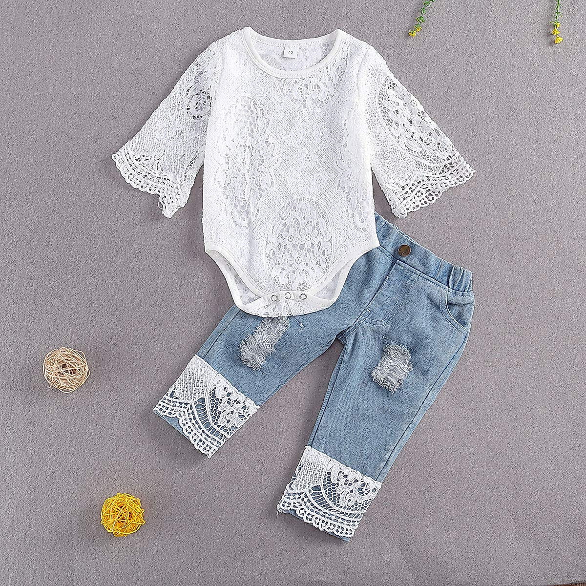 AvoDovA Baby Girls Pants Set Ruffles Sleeve Lace Romper + Denim Ripped Jeans Outfits (White,6-12 Months)