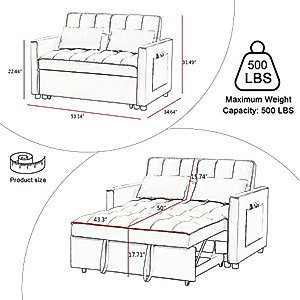 Velvet Pull Out Sleeper Sofa Bed, Convertible Futon Couch Bed with Adjustable Backrests, 3 in 1 Modern Loveseat with 2 Pockets and Pillows, Small Love Seat for Living Room, Guest Room, Off White
