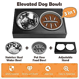 Elevated Dog Bowl, 3 Adjustable Raised Dog Bowl, with Slow Feeding Bowl and 1.5l Water Bowl Heights 2.7”, 8.26”, 10.82” with Suitable for Small Medium Large Dogs Cats
