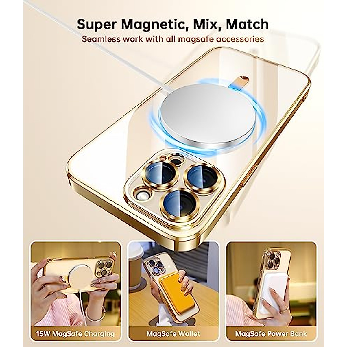 Waldeng for iPhone 14 Pro Max Case with Integrated Camera Lens Protector, [Compatible with MagSafe] [Original iPhone Exterior], Crystal Clear Case for iPhone 14 Pro Max 6.7", Gold