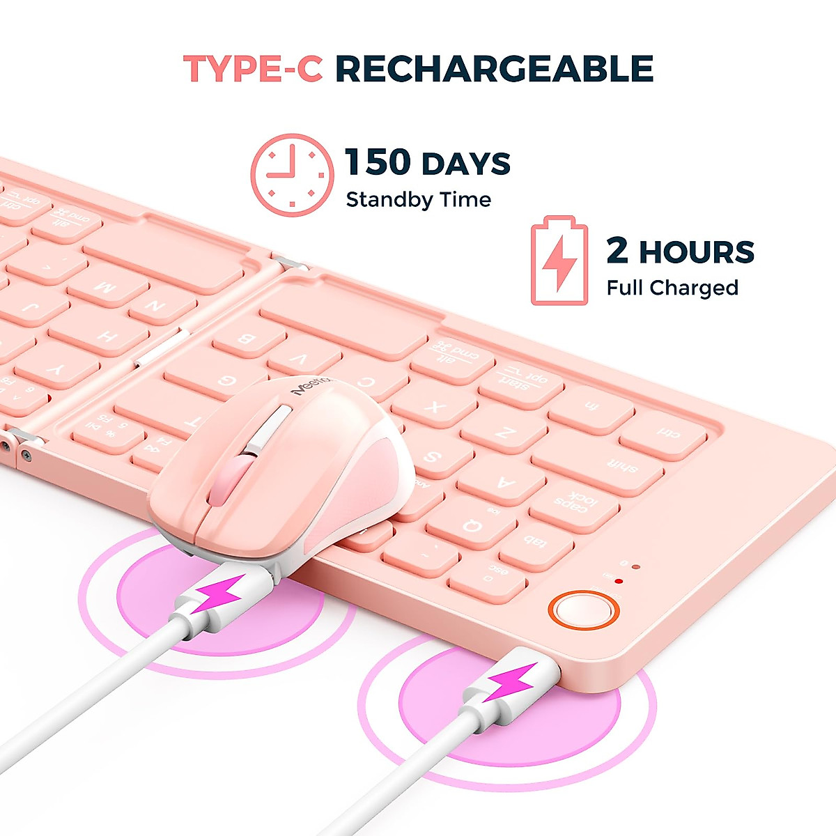 MEETION Foldable Keyboard and Mouse, Portable Bluetooth Keyboard and Mini Mouse with Stand Holder, for Travel, Business, Gifts, USB-C Rechargeable, Travel Keyboard Mouse for iPad Tablets Laptop, Pink