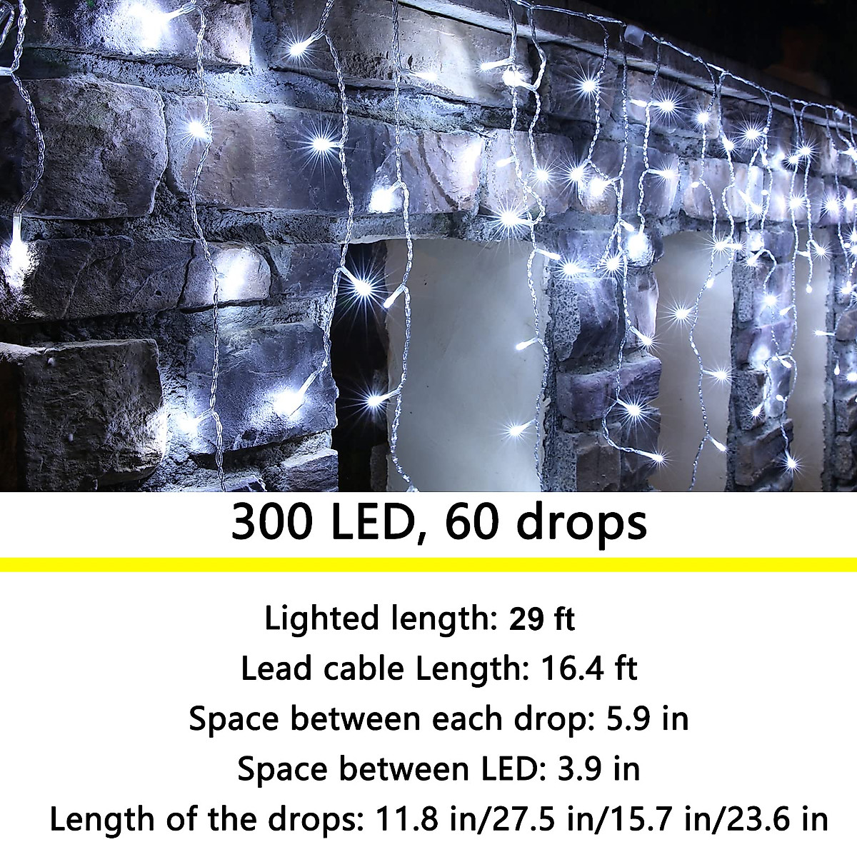 Joomer Christmas Icicle Lights,300 LED 29ft 8 Modes with 60 Drops,Christmas Lights with Timer,Waterproof Connectable Outdoor String Lights for Holiday,Wedding,Party Christmas Decorations(White)