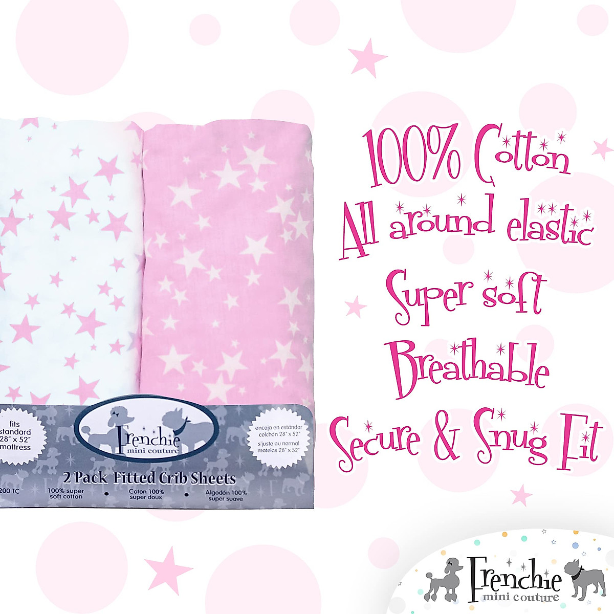 Frenchie Mini Couture Fitted Crib Sheets 100% Woven Cotton Fits Toddler Mattress, Pink Stars, 28 x 52inx8in, 2-Pack