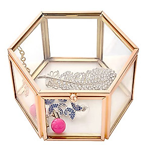 Funerom 4.1x2.5 inch Vintage Glass Jewelry Box Wedding Engagement Ring Dish DisplayTrinket Keepsake Box Hexagon Antique Gold