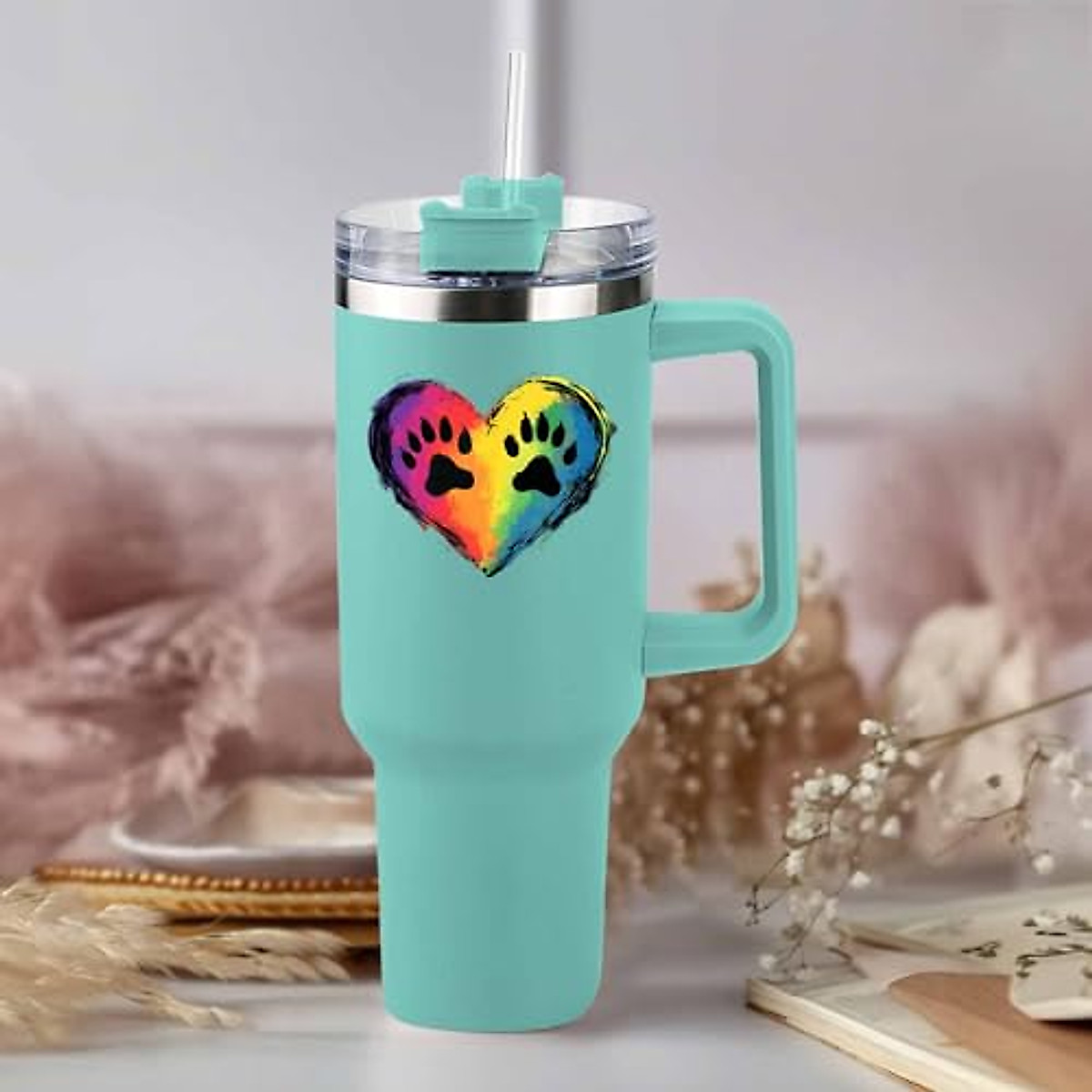 40 ounce insulated cup with handle, double-layer vacuum stainless steel material, equipped with straw, can keep warm or maintain cold drinks Love Rainbow Paw Animal 2 Lake Green