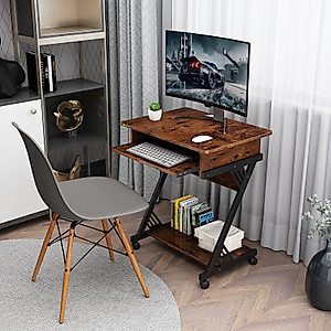Small Corner Computer Desk, Rolling Computer Desk for Small Space Bedroom, Home Office Study Computer Desk on Wheels, Mobile Computer Table Portable Laptop Cart with Shelves,Rustic Brown