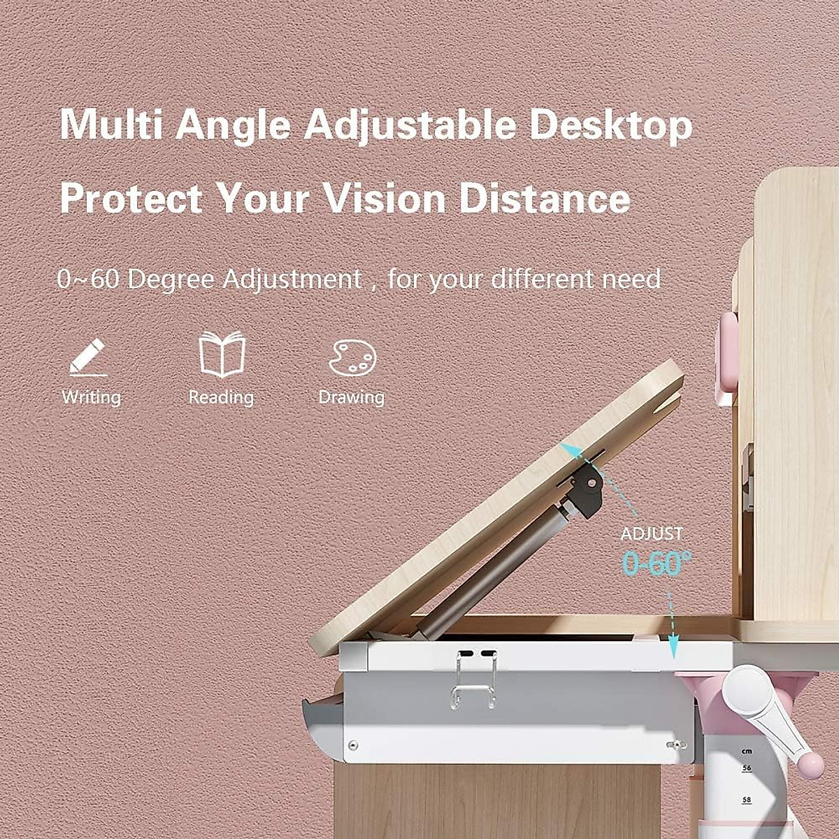 FCD Desk for Gilrs and Boys, Wood Adjustable Height Ergonomic Kids Study Desk with Pull Out Drawers, Tablet Holder, Tiltable Desktop and Large Bookshelf