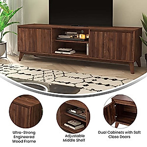Flash Furniture Hatfield Mid-Century Modern TV Stand For 65+ Inch TV's - Walnut Laminate Finish - 70 Inch Media Center - Adjustable Center Shelf - Soft Close Doors,Dark Walnut