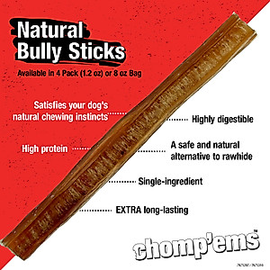 Chomp'ems Naturally Delicious Bully Sticks - Long Lasting No Hide Dog Chews - No Artificial Flavors, Colors, Or Preservatives - Protein Rich Alternative to Rawhide, 8 Oz.