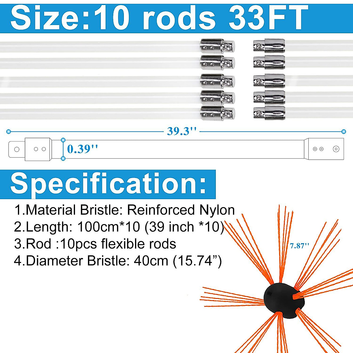 VEJESIME Chimney Brush, 33ft Chimney Sweep Kit, Chimney Cleaning Kit with 10 Nylon Flexible Rods, Electrical Rotary Drill Drive Sweeping Cleaning Tool Kits for Sweeping Fireplace (10 Rods)