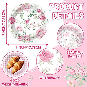 Justforjoyful 48Pcs Floral Paper Plates Pink Rose Party Decoration Disposable Vintage Flower Party Dinnerware Tableware Set Tea Party Dinner Plate for Birthday Wedding Baby Shower Party Supplies 7in