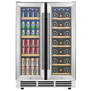 Icyglee 24" Wine and Beverage Refrigerator, Dual Zone Wine Cooler with Glass Door, Hold 88 Cans & 21 Bottles, Built in or Freestanding Under Counter Wine Fridge with Blue LED Light.