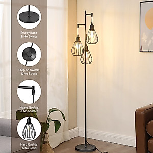 EDISHINE Industrial Floor Lamp, Tree Floor Lamp with 3 Elegant Teardrop Cage Head & 4W 3000K Edison Bulbs, Sturdy Base Standing Floor Lamp for Bedroom, Living Room, Office, E26 Base