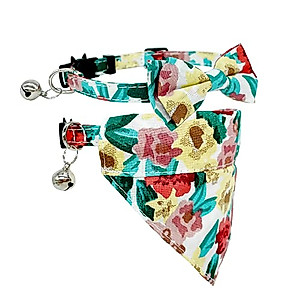 KUDES 2 Pack Breakaway Cat Collar with Removable Bow Tie and Bandana, Cute Floral Pattern Kitten Bowtie Collar Bandana Collar with Bells for Cats Puppy, Adjustable from 7.5-10.8 Inch (Colorful Flower)
